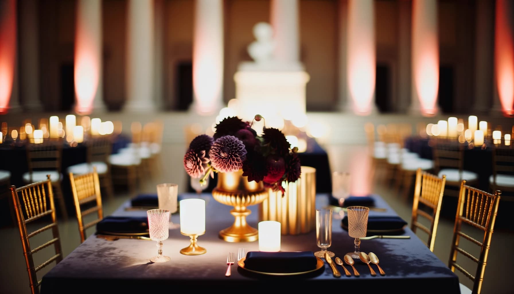 Elegant ballroom wedding reception, warm candlelight glowing
